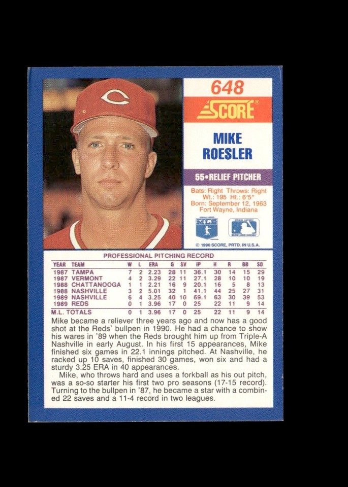 Mike Roesler 1990 Score Reds authentic autographed card | eBay