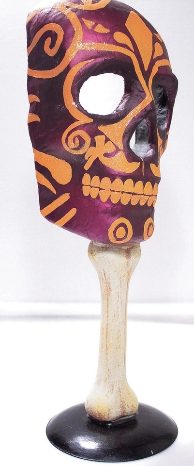 Handmade Paper Mache Purple & Orange Halloween Skeleton Mask On Stand ...