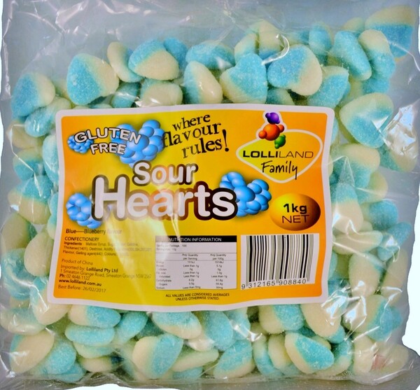 Blue Sour Hearts 1kg BULK Lollies Bag for Lolly Buffet - Lolliland for ...
