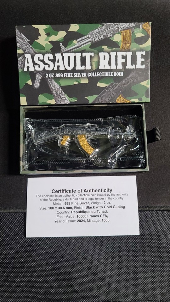 2024 Chad 2 oz Silver Assault Rifle Black & Gold Shaped Coin .999 Fine ...