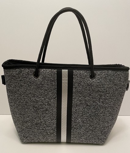 HAUTE SHORE Gray Neoprene Zipper Top Tote Bag With Black White Stripes ...