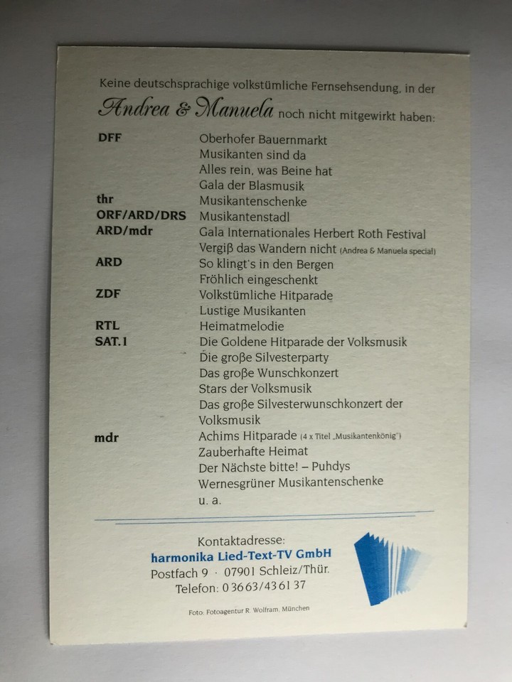 Autograph ANDREA & MANUELA-Singer Germany-DFF-ARD-ORF-MDR-SAT1-RTL ...