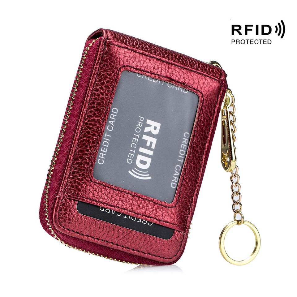 RFID Leather Credit Card Holder Zipper Card Case Keychain Small Wallet ...