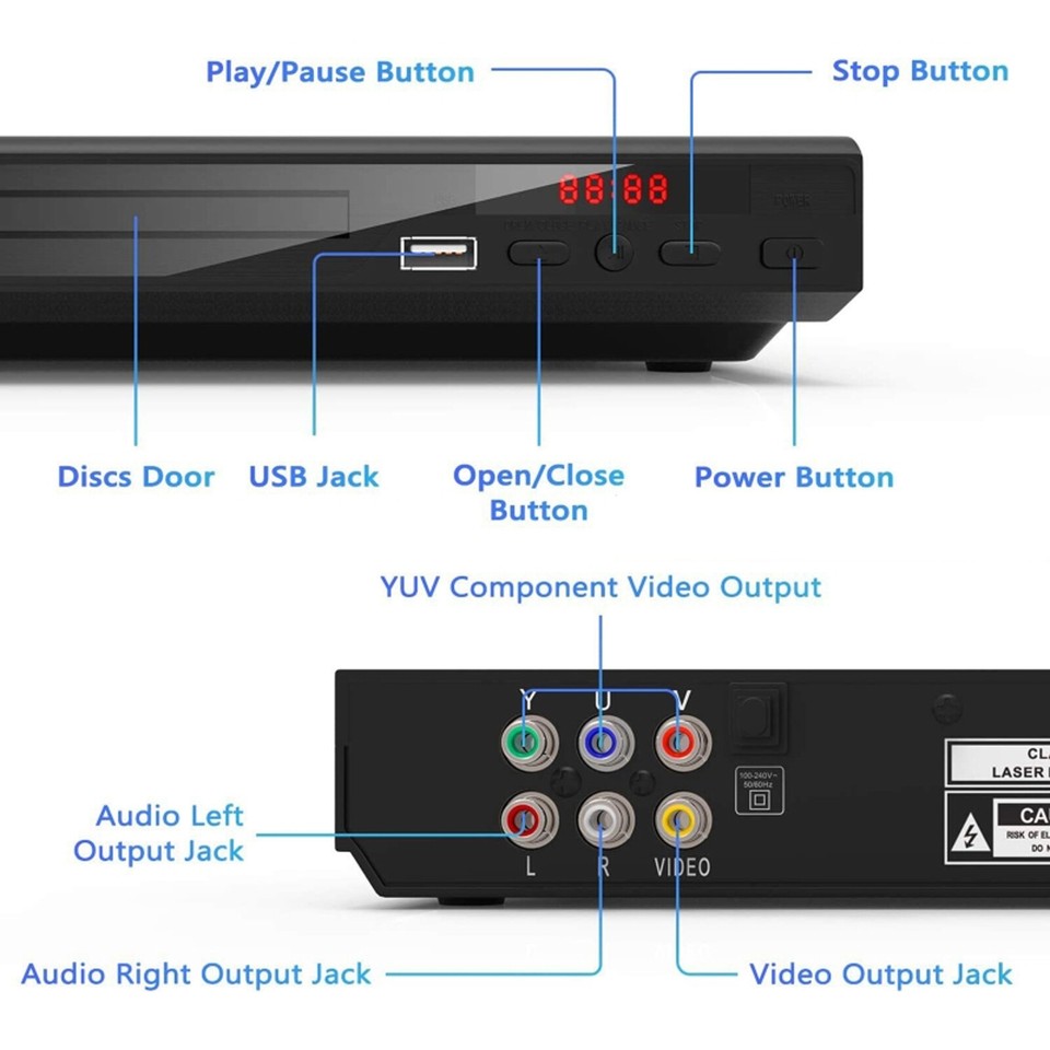 2024 DVD Player All Region Free DVD CD Disc Player AV Output USB Remote ...