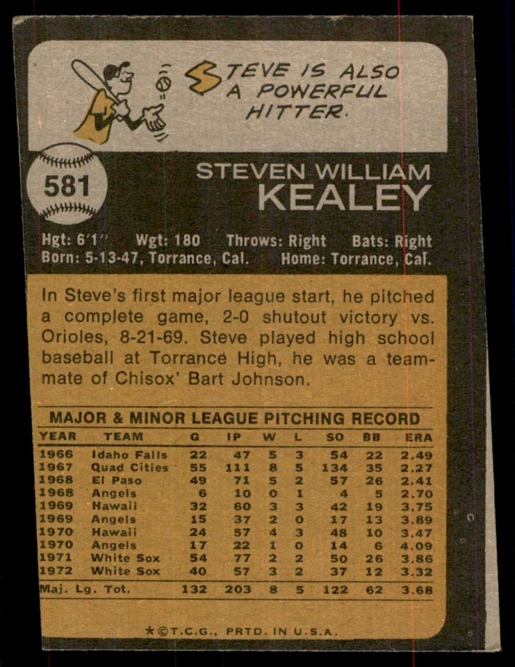 1973 TOPPS STEVE KEALEY CHICAGO WHITE SOX. #581 | eBay