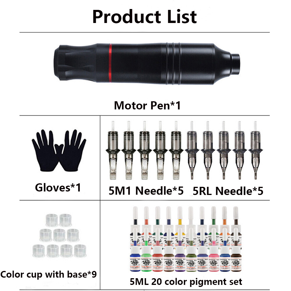 Tattoo Kit Motor Pen Color Inks Machine Gun Power Supply Needles Pedal ...