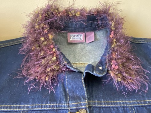 Premier International Blue Denim Jean Trucker Jacket Purple Shag Collar ...