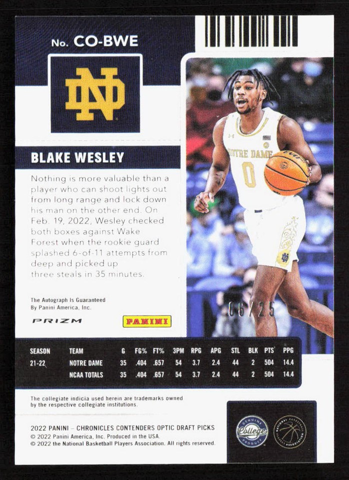 2022-23 Chronicles Draft Picks Blake Wesley Contenders Optic Purple ...