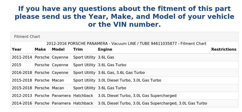 2012-2016 PORSCHE PANAMERA - Vacuum LINE / TUBE 94611035877 | eBay UK