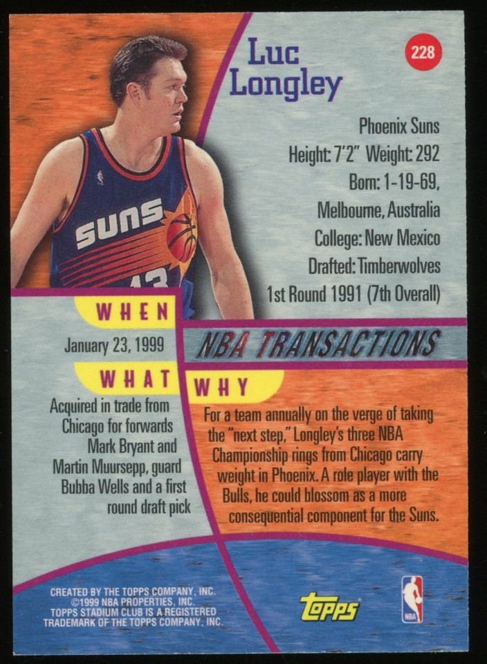 Luc Longley 1999 Topps Stadium Club Transactions Card #228 | eBay