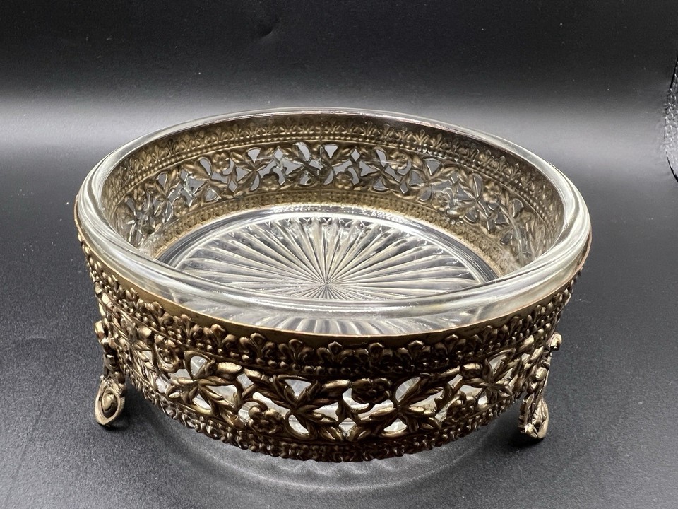 Vintage MCM Brass Filigree Glass Trinket Vanity Box Footed Applied ...