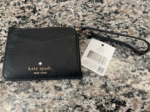Kate Spade Leila Cardholder Black Pebble Leather Wristlet Wallet w/ Key ...