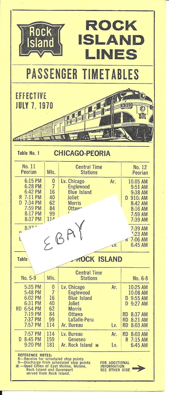 Rock Island Lines Railroad Passenger Timetable July 1970 Train ...