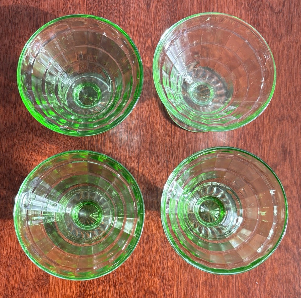 4 Vintage Anchor Hocking Block Optic Green Depression Glass Uranium ...