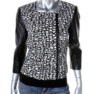 MANOUKIAN Women's $179 Black White Print Zip Front Leather BLAZER ...