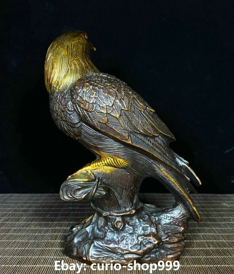 8.6" Old China Bronze Gilt Fengshui Folk Eagle Hawk Bird Animal Statue ...