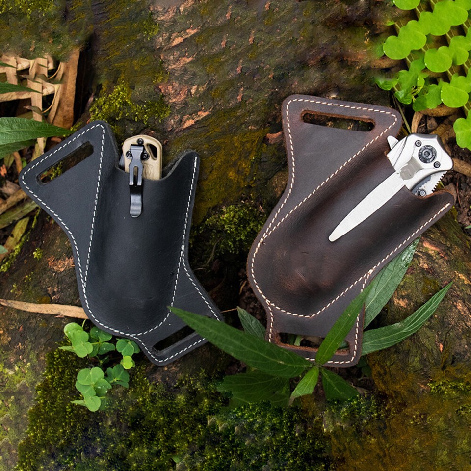 Saddle Belt Sheath for folding Pocket Knife Slots Opening Trapper Brown ...
