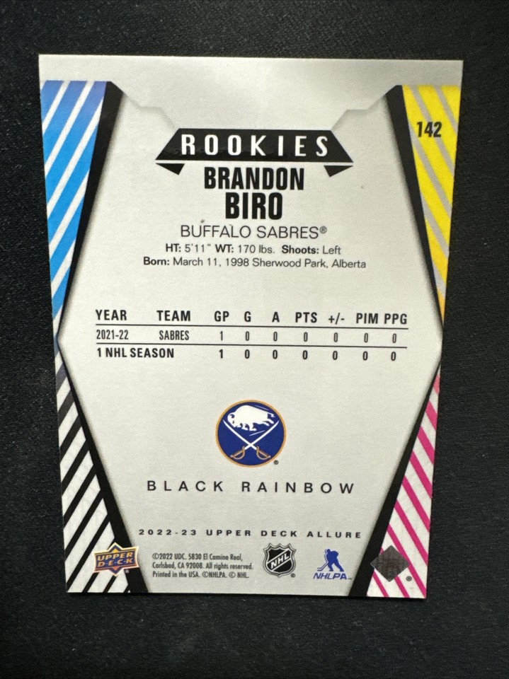 22-23 UD Allure Hockey Black Rainbow Rookies 142 Brandon Biro | eBay