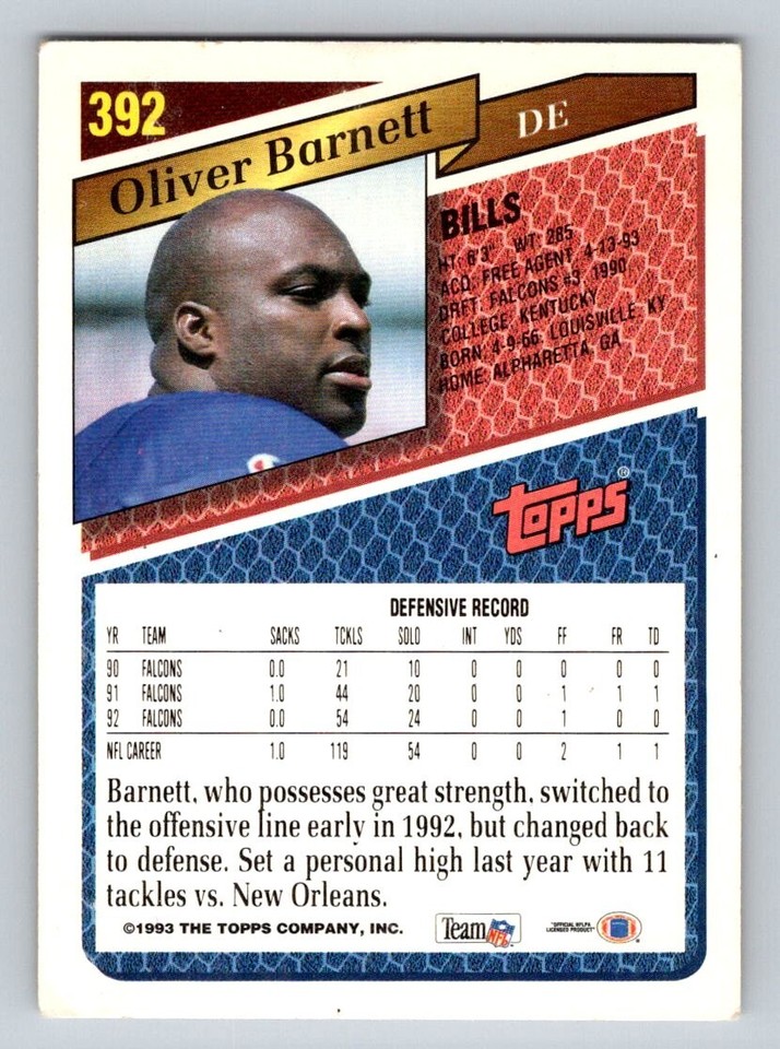 1993 Topps Oliver Barnett #392 Buffalo Bills | eBay