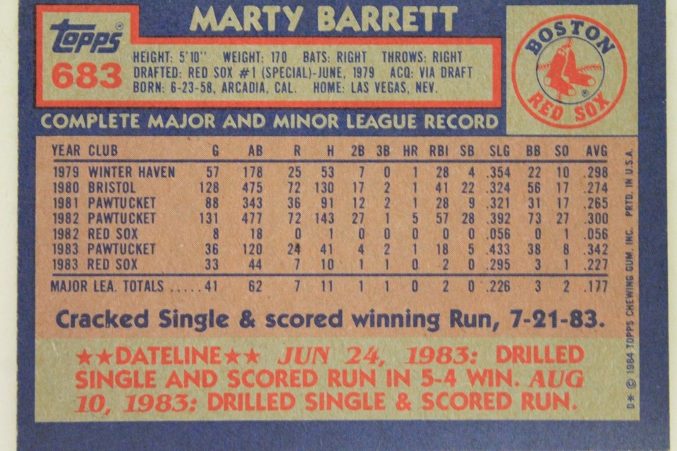 Marty Barrett Red Sox 1984 Topps #683 Autographed Signed Baseball Card ...