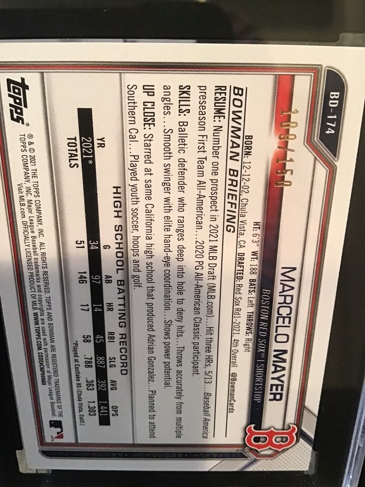 MARCELO MAYER 2021 BOWMAN DRAFT 1ST BLUE /150 SGC 9.5 BOSTON RED SOX | eBay