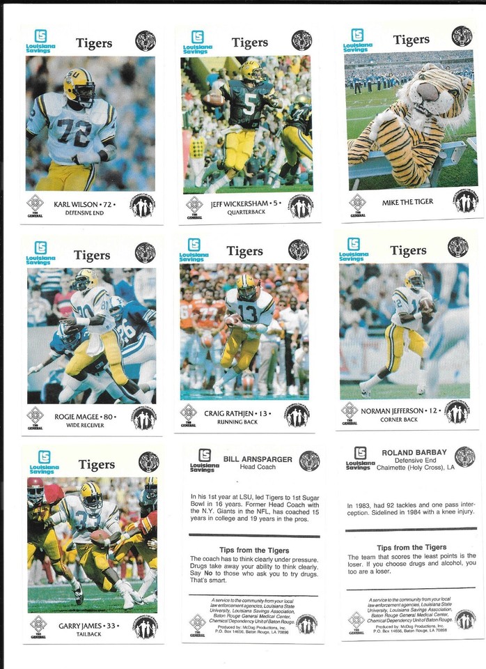 1985 LSU FOOTBALL 16 CARD POLICE SET DALTON HILLIARD ARNSPARGER BARBAY ...