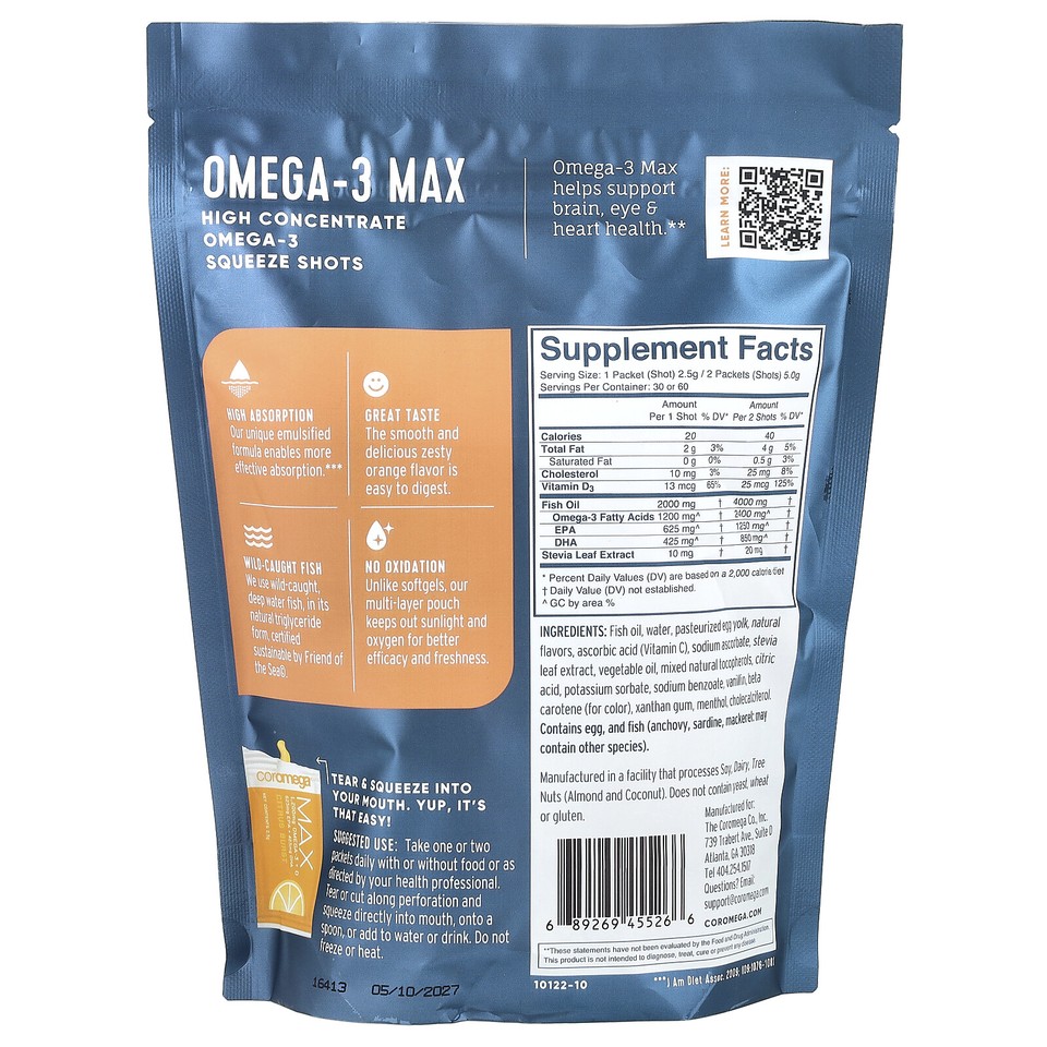 Omega-3 Max, High Concentrate Squeeze Shots, Citrus Burst, 60 ...
