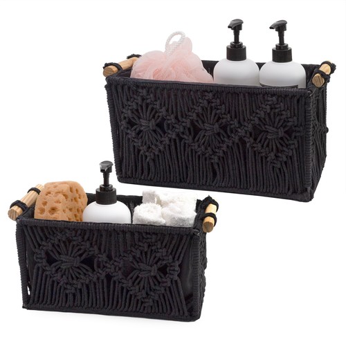 Black Boho Macrame Baskets 2pc Set, Decorative Storage Bins for ...