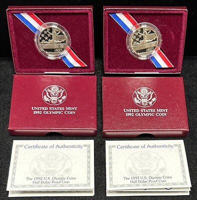 1992-S U.S. Mint Olympic Coins Half Dollar PROOF Coin - Lot of 2, OGP w ...