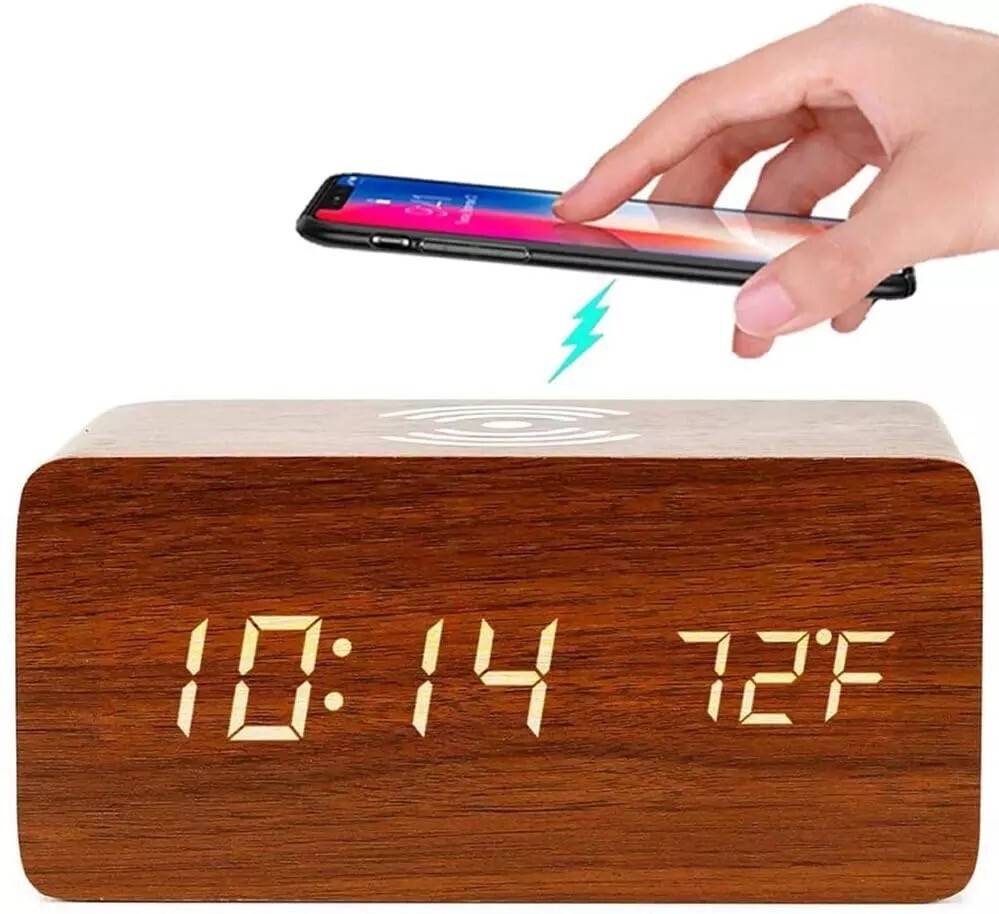 LED Wooden Digital Bedside Alarm Clock Qi Wireless Charging USB Battery ...