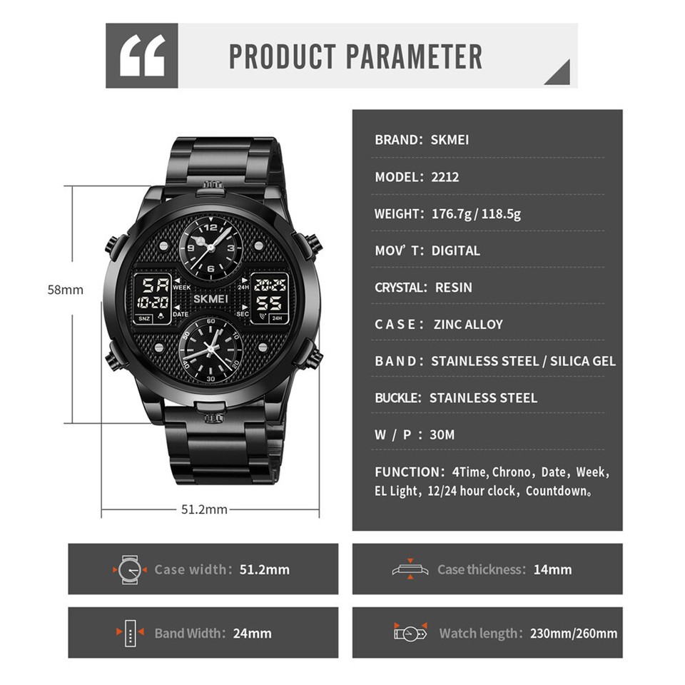 SKMEI Men Quartz Watch Dual Time Military Wristwatch Male Steel Digital ...