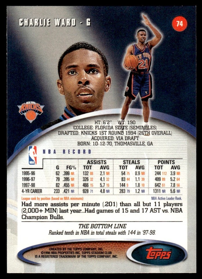 1998-99 Stadium Club Charlie Ward New York Knicks #74 | eBay