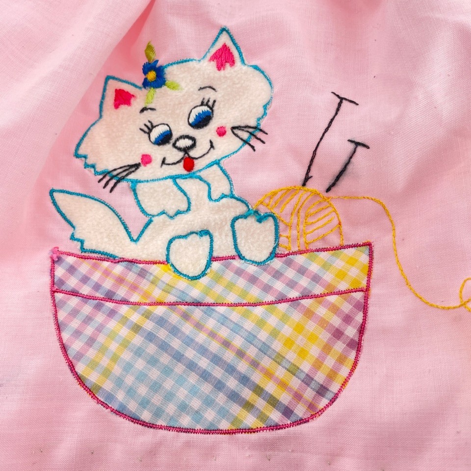 Vintage Pink Baby Dress Celanese Fortrel Embroidered Kitten Cat Lace ...
