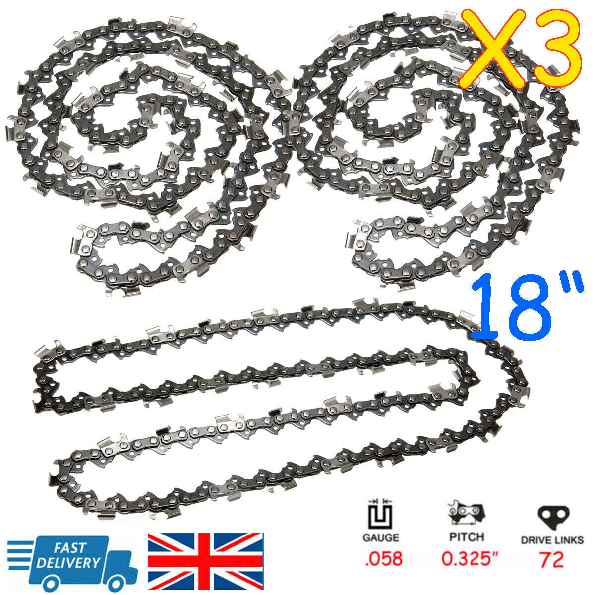 3X 18 Inch Chainsaw Blade Saw Chain for PARKSIDE PBKS 53 A1 Bar 72DL ...