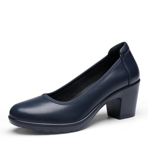 Women Round Toe Slip On Pumps Low Chunky Block Heel Comfort Dress Pump ...