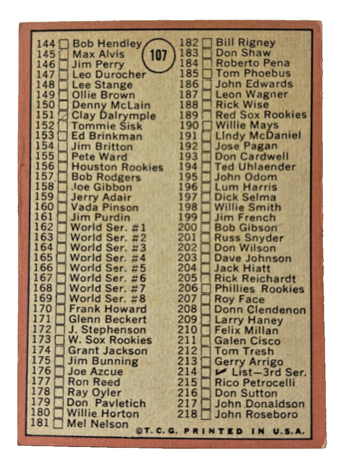 1969 Topps #107a 2nd Series Check List: 110-218. (FREE SHIPPING) | eBay