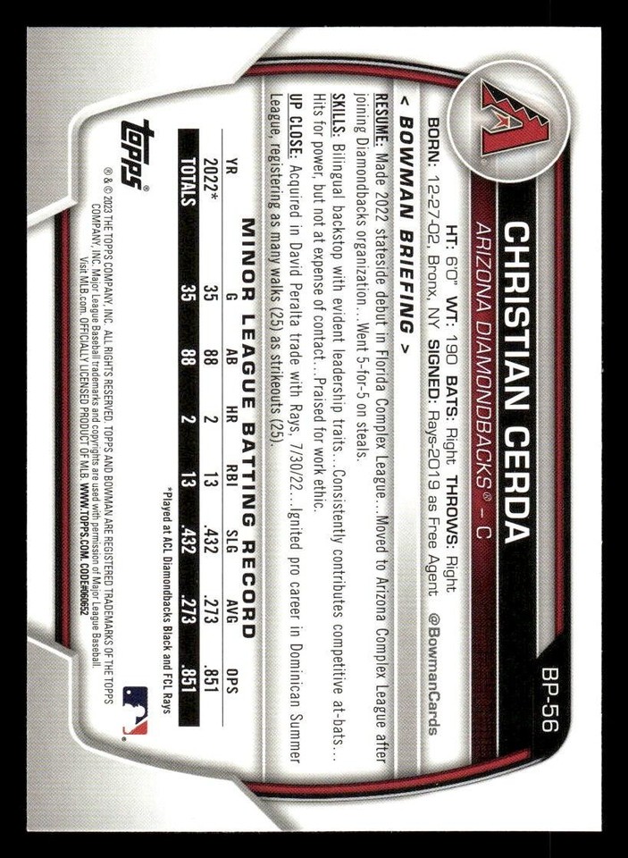 2023 BOWMAN CHRISTIAN CERDA BP-56 MINT 1ST RC BASEBALL ARIZONA ...