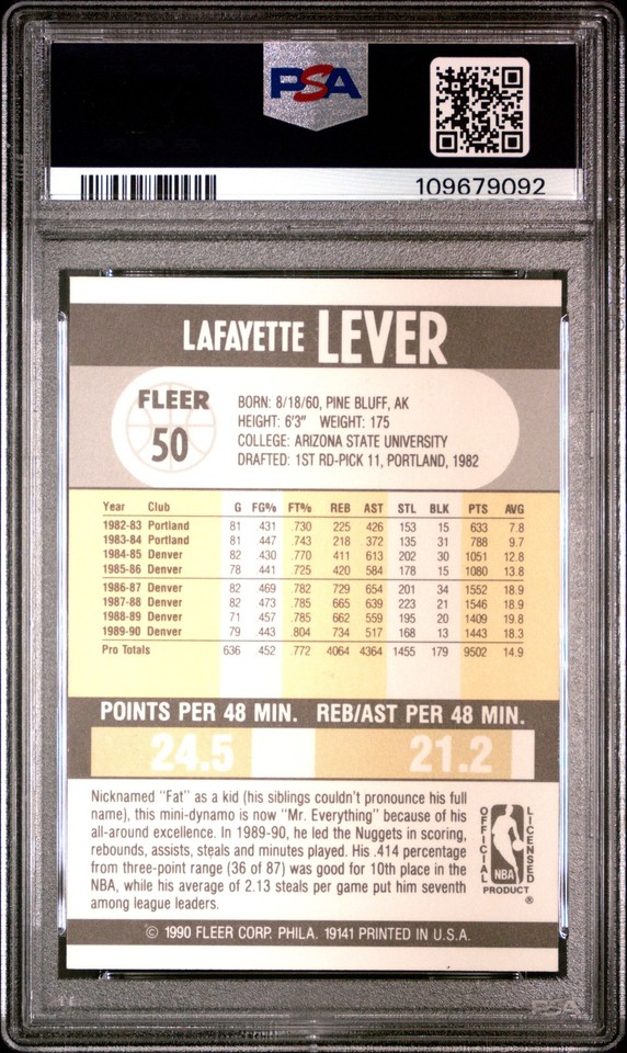 1990 Fleer #50 Lafayette Fat Lever PSA 10 Dallas Mavericks | eBay