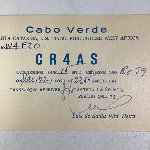 Cabo Verde Africa QSL Radio Card 1957 Luis De Santa Rita Vieira ...