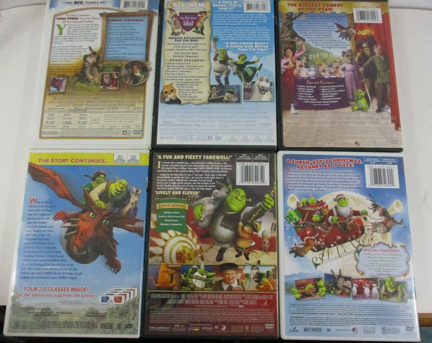 Lot of 6 SHREK DVDs: Shrek, Shrek 2, The Third, 3D, Forever After, the ...