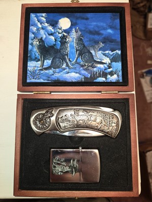 Wolf Pocket Knife And Zippo Lighter In Wooden Gift Box With Wolf ...