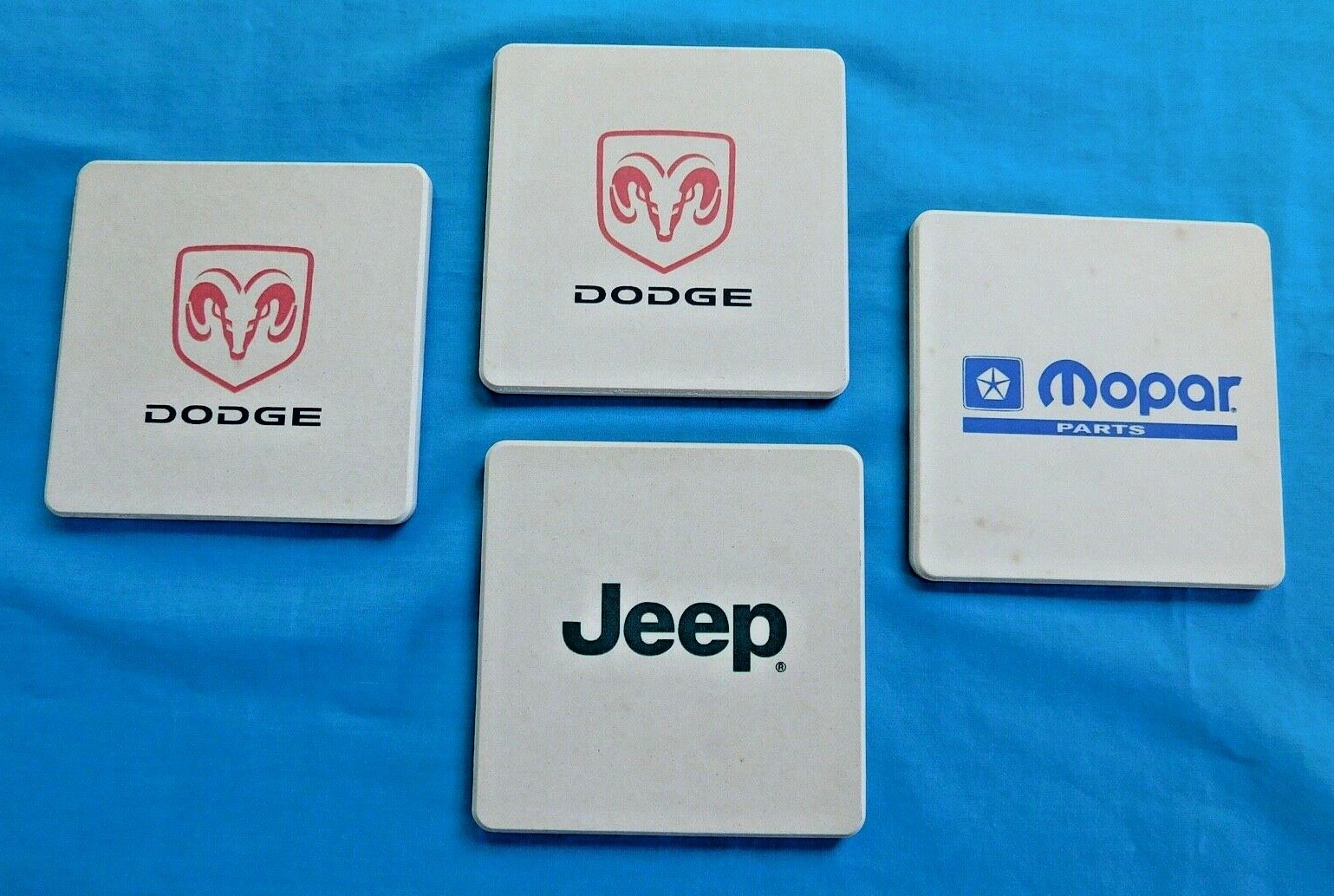 VINTAGE MOPAR MASTER PARTS CERAMIC DRINK COASTERS SET OF 4 NIB RED/BLUE ...