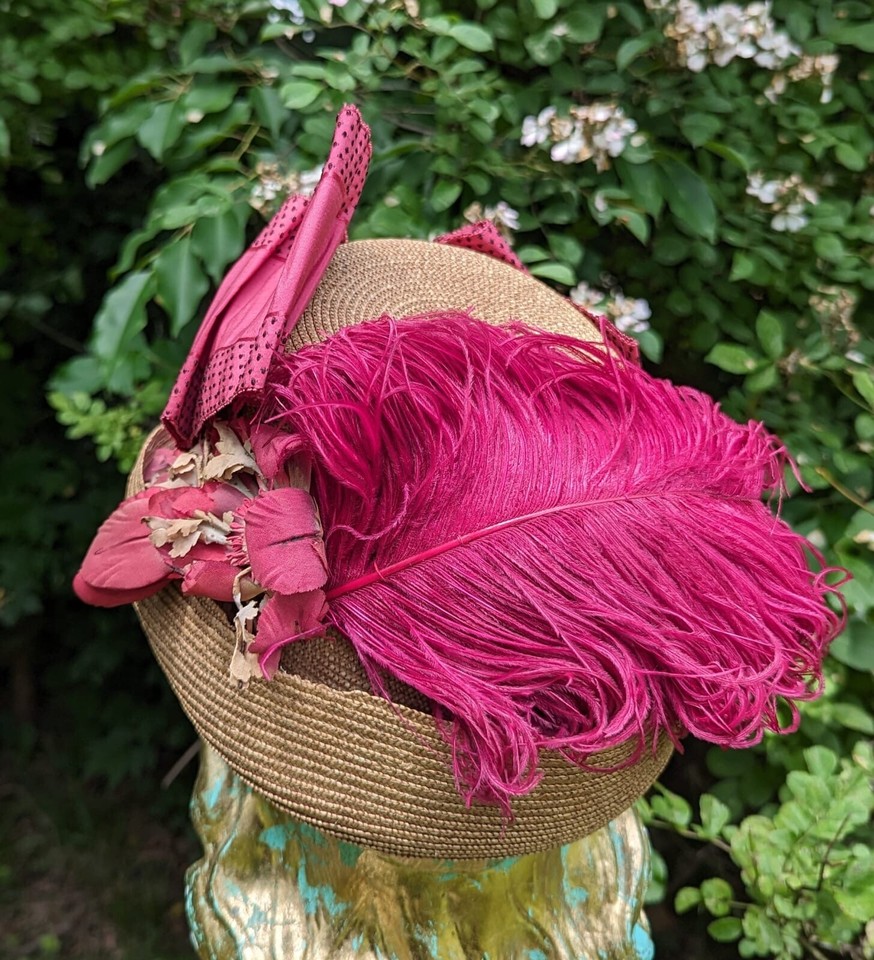 1870’S STRAW BONNET HAT W DOTTED SILK RIBBON + PLUME TRIM | eBay