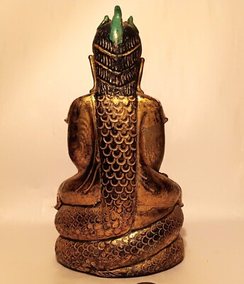 9" SNAKE buddha vtg wood carved gold gilt naga serpent Buddhist statue ...