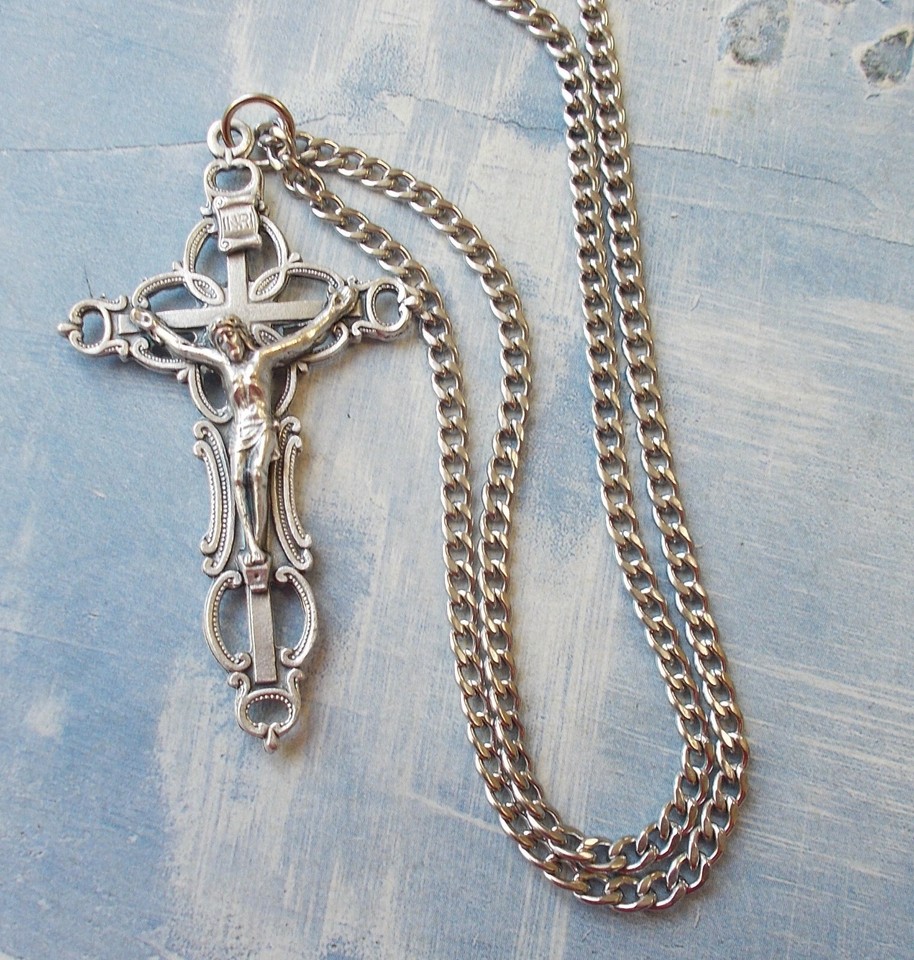 GORGEOUS ornate Catholic CRUCIFIX Pendant/Necklace~Stainless Steel ...