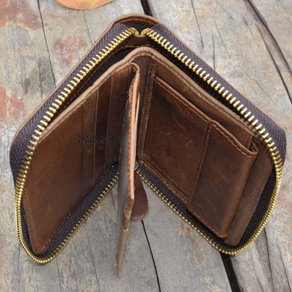 Men Genuine Crazy Horse Leather Zip Around Wallet Vintage Coin Purse ...