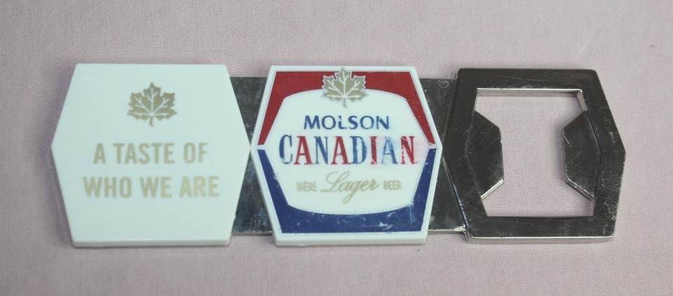 VTG. MOLSEN CANADIAN LAGER BEER BOTTLE OPENER RED WHITE BLUE METAL ...