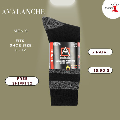 Avalanche Men's, Ultimate Thermal Crew Sock, 3-pair, Black | eBay