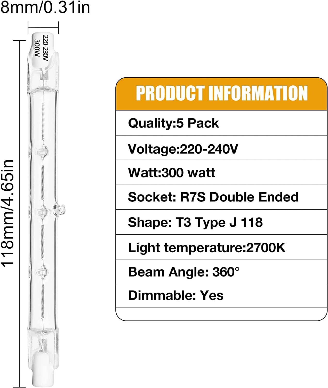 6 X Energy Saving 300W R7S Linear Halogen Floodlight J118 Security Bulb ...