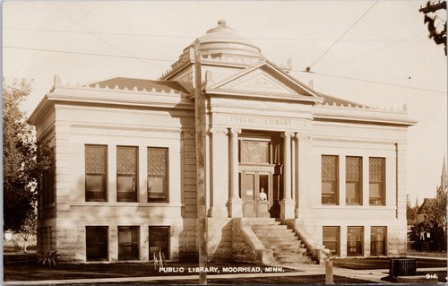 Public Library Moorhead MN Minnesota Woman at Door Unused RPPC Postcard ...